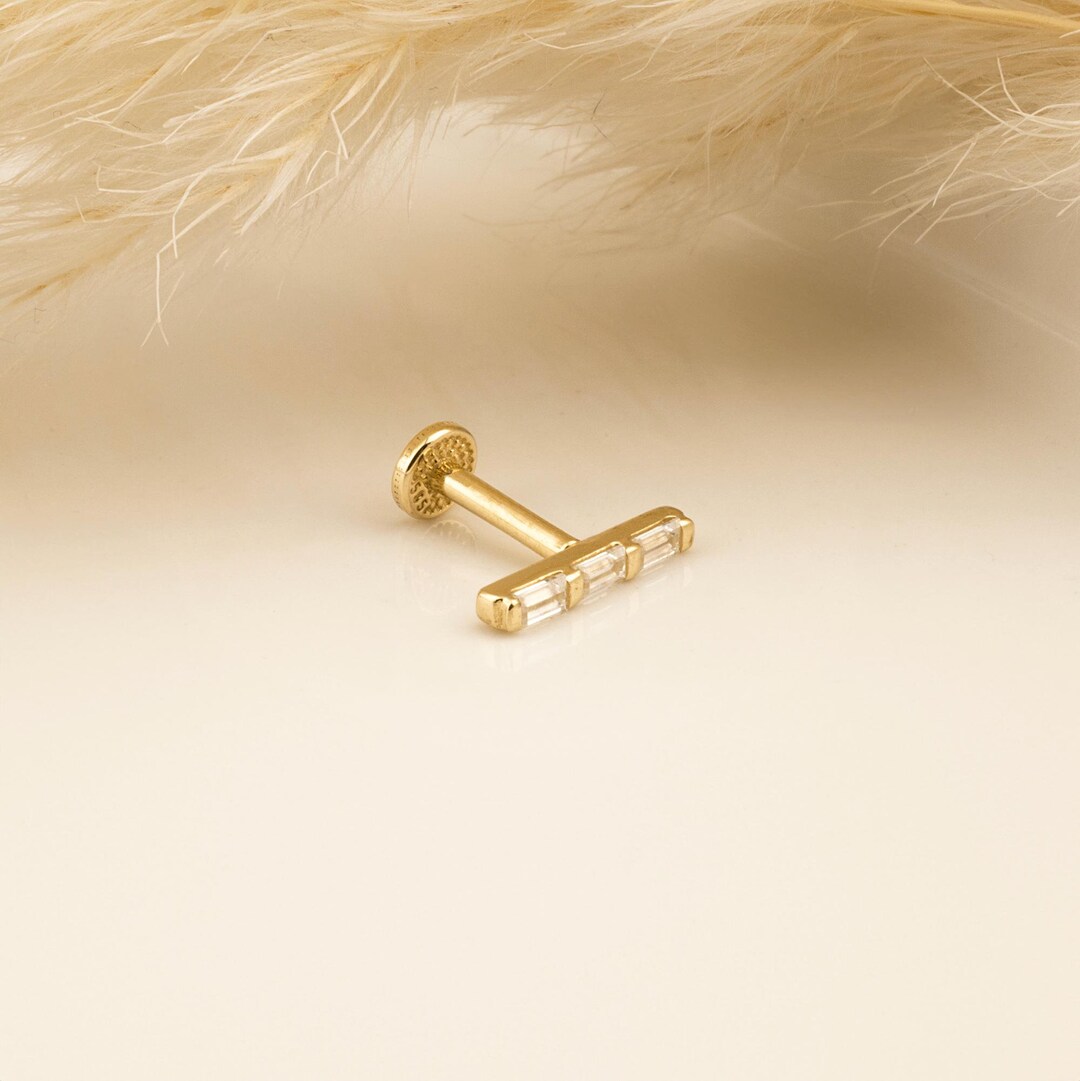 3 Baguette Stone Piercing, Cartilage Earring, 14K Solid Gold Tragus ...