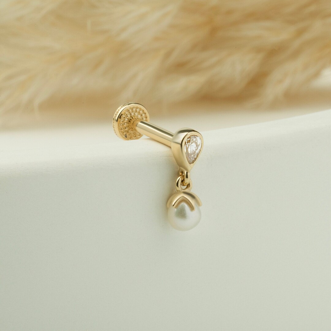 14K Gold Drop Stone With Pearl Tragus Piercing, Cartilage Earring, 14K ...