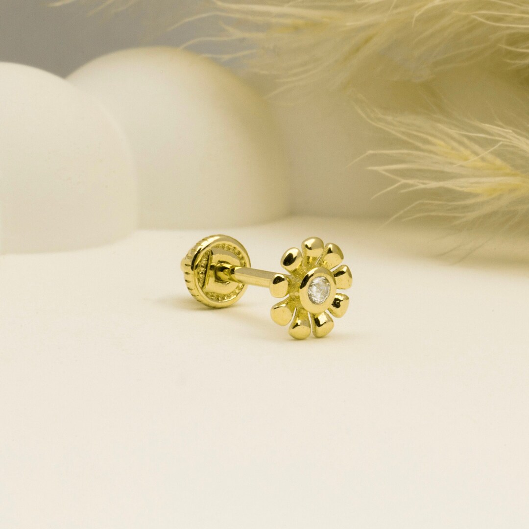14K Solid Gold Flower Stone Piercing, Cartilage Screw Back Helix Tragus ...