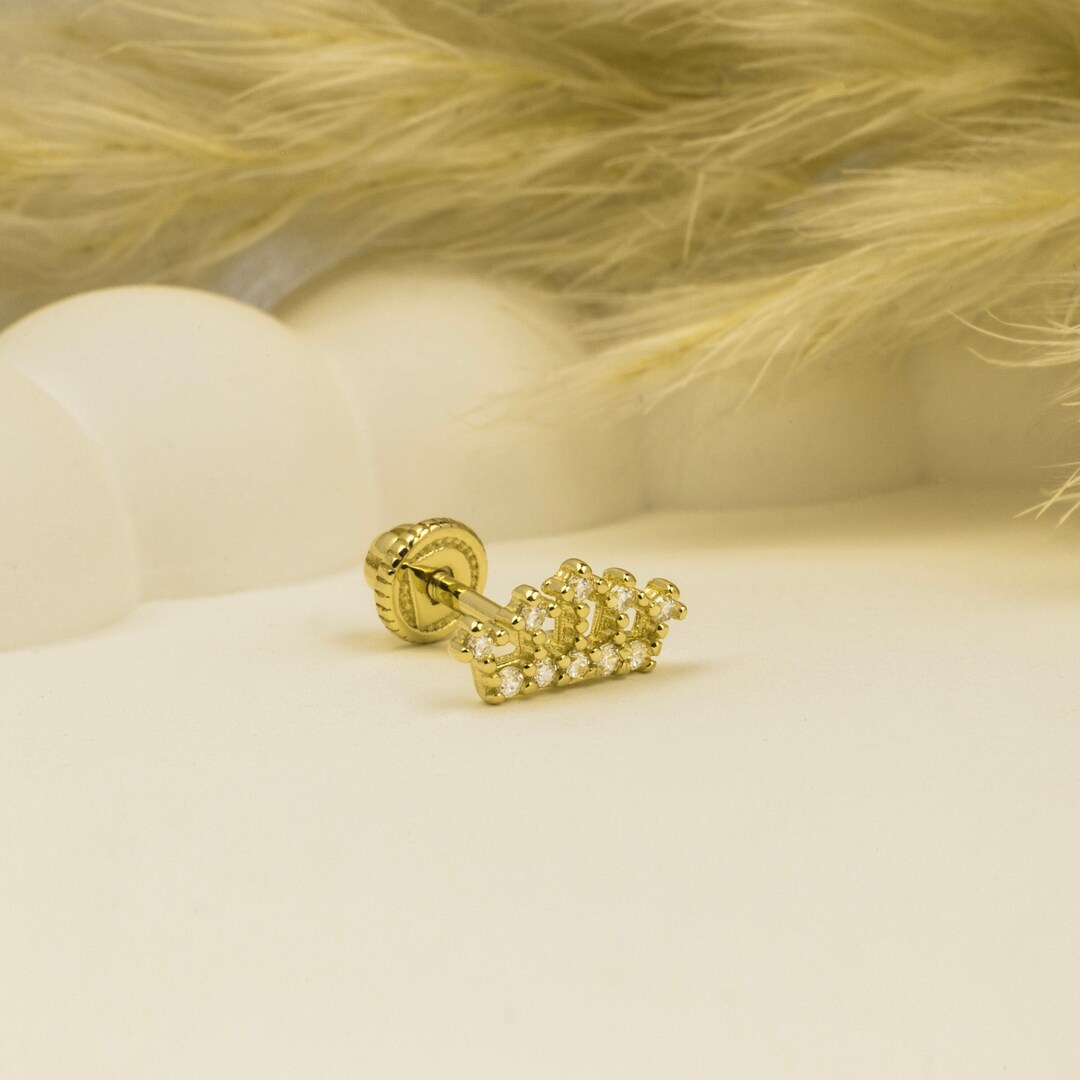 14K Solid Gold Crown Piercing: Helix Tragus Screw Back Stud - Etsy