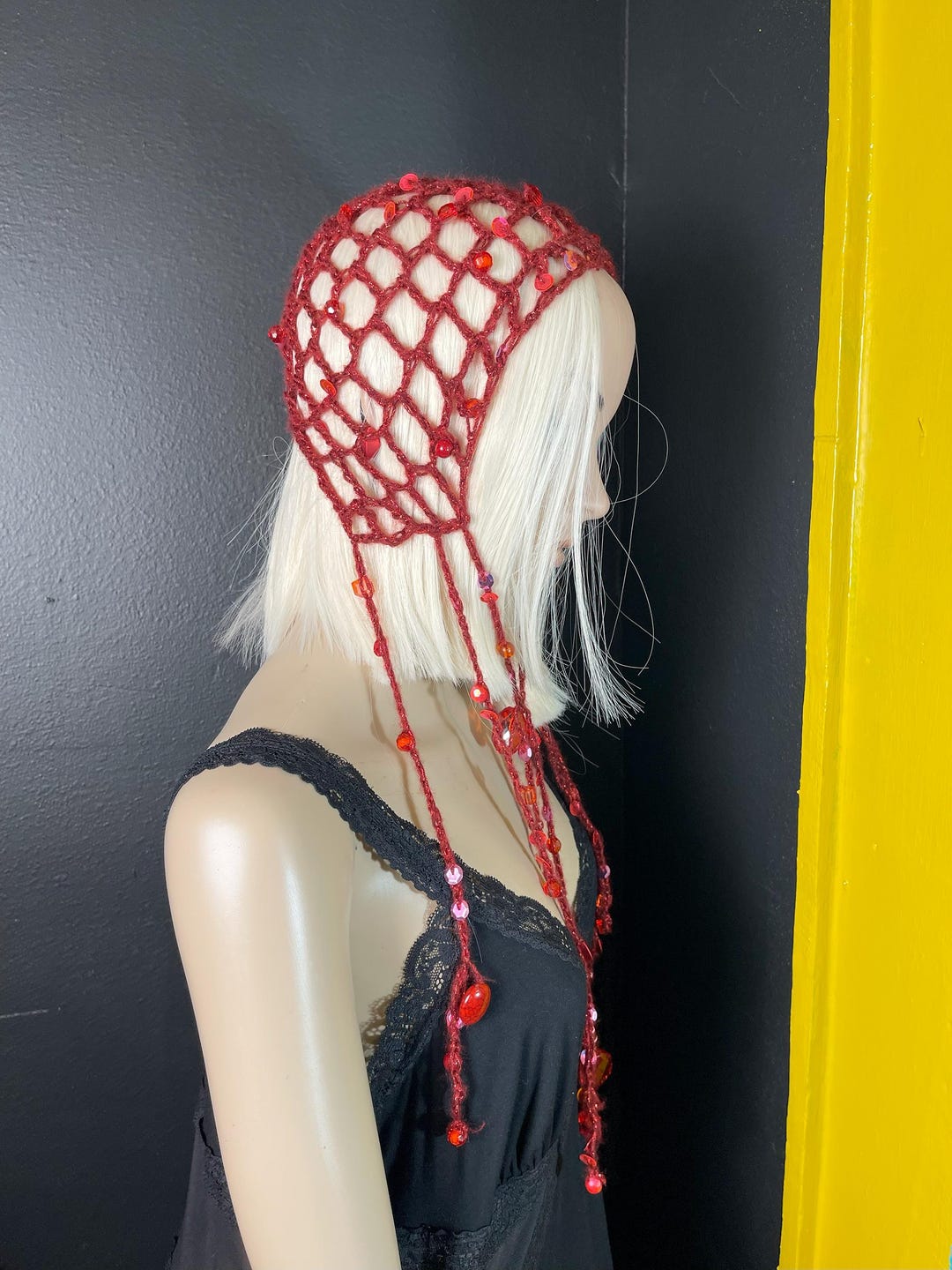 Boho Beaded Crochet Bonnet. Sexy Mesh Vampire Headpiece, Goth, Flapper ...