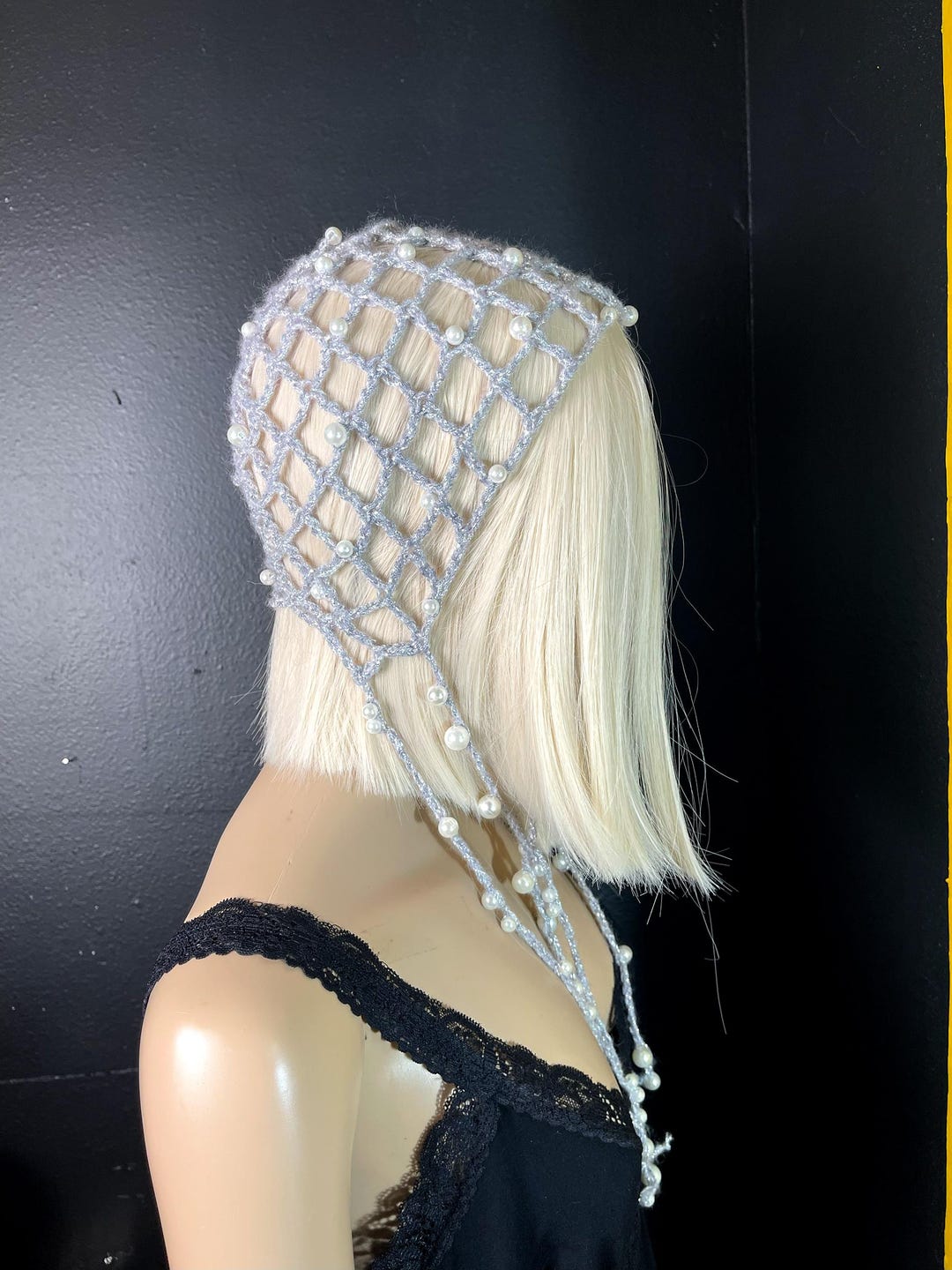 Beaded Crochet Bonnet. 70's Mesh Headpiece, Retro Flapper, Belly Dance ...