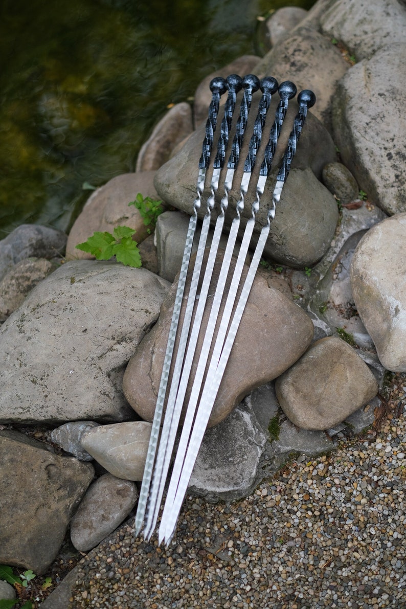 Handmade Forged Steel BBQ Skewers Set of 6: Camping Grill Kebab Skewers ...