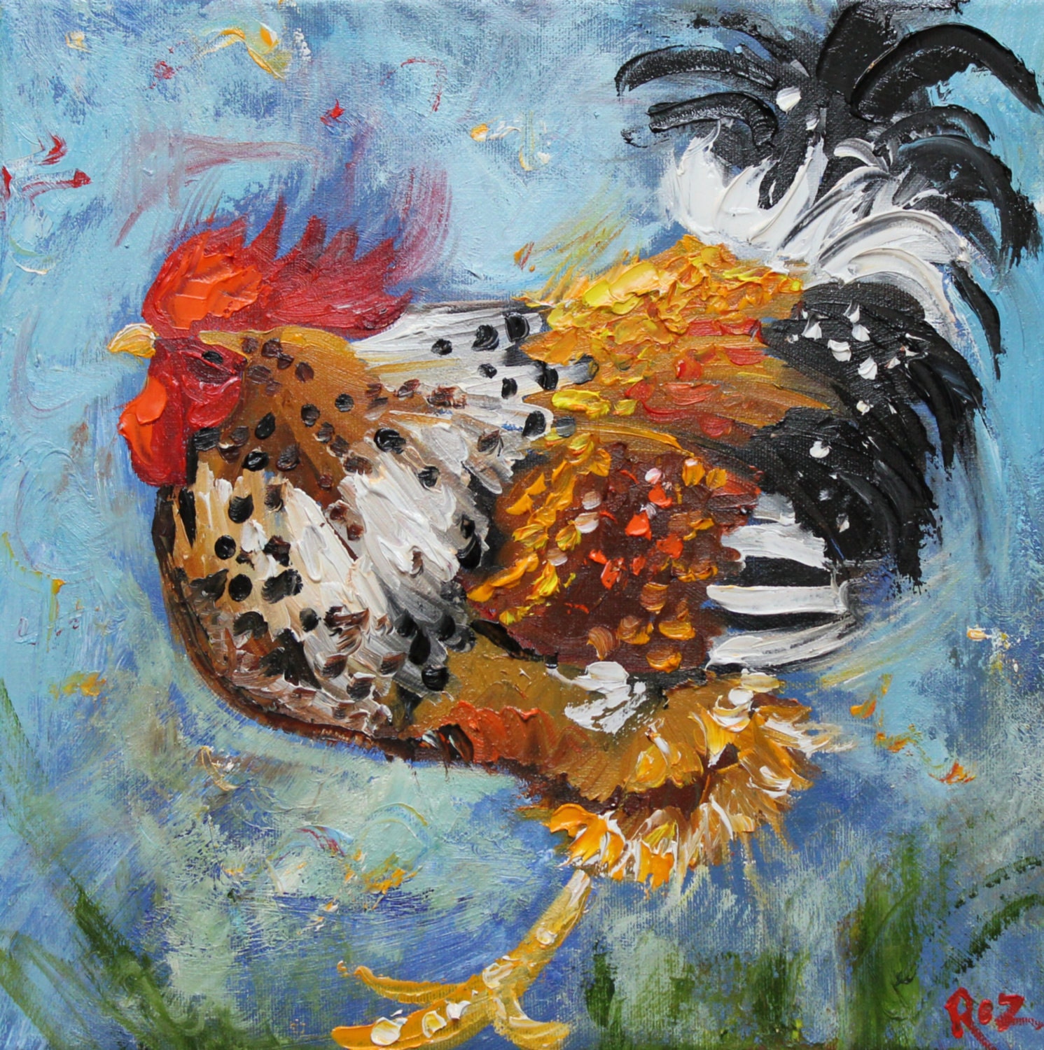Rooster 475 10x10inch Print of Oil Painting by Roz - Etsy