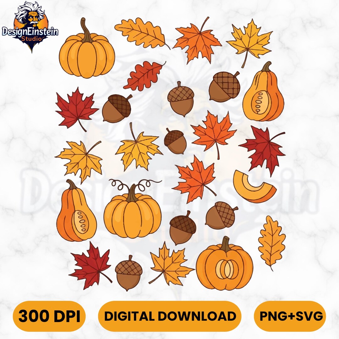 Fall Leaves and Pumpkin Clipart SVG, Autumn Elements Bundle, Acorn and ...
