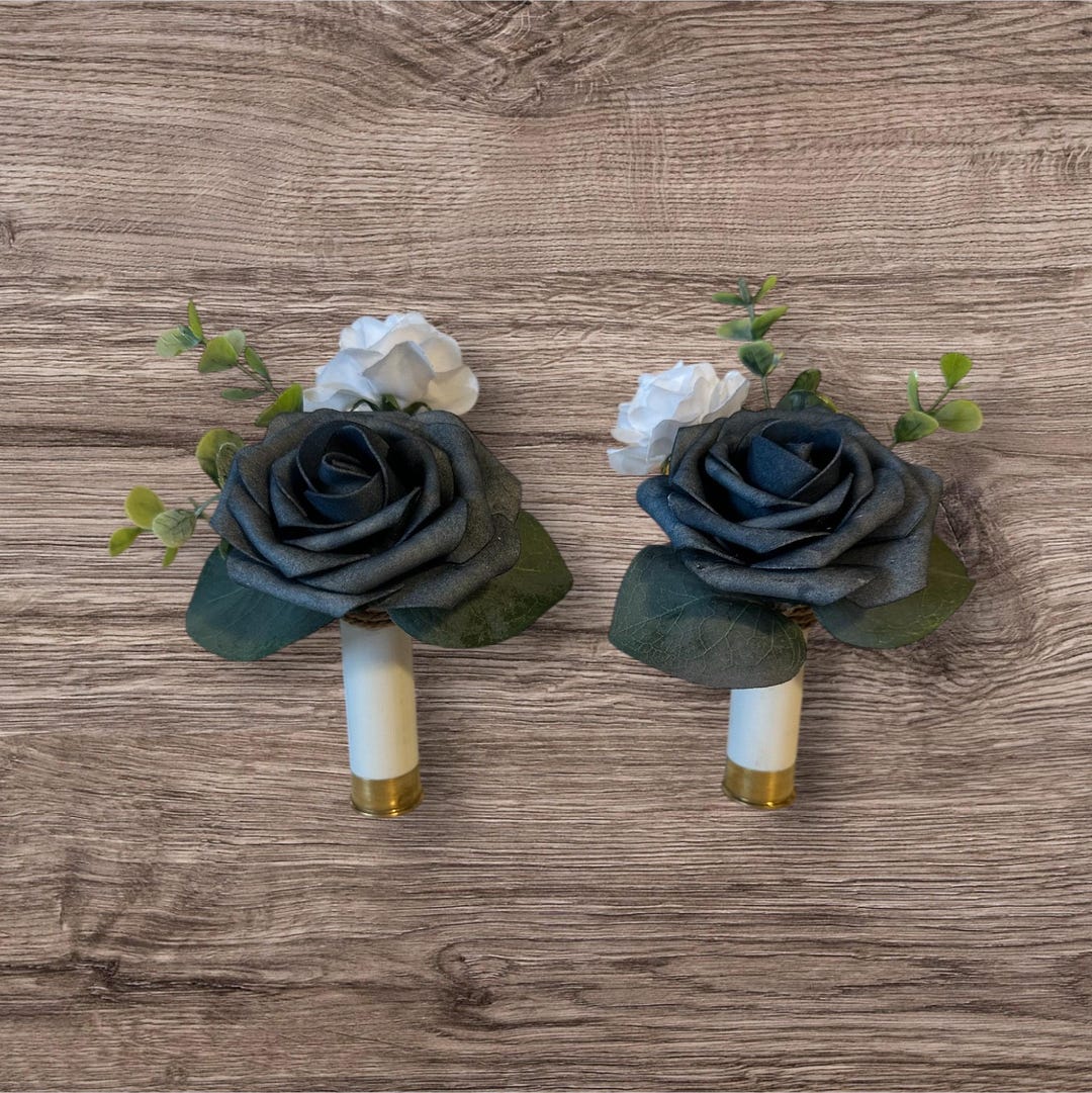 White Shotgun Shell Boutonniere With Dark Blue Flowers. - Etsy