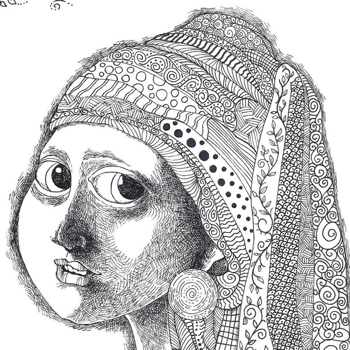 Coloring Page Whimsical "girl With a Pearl" Hand Drawn - Etsy