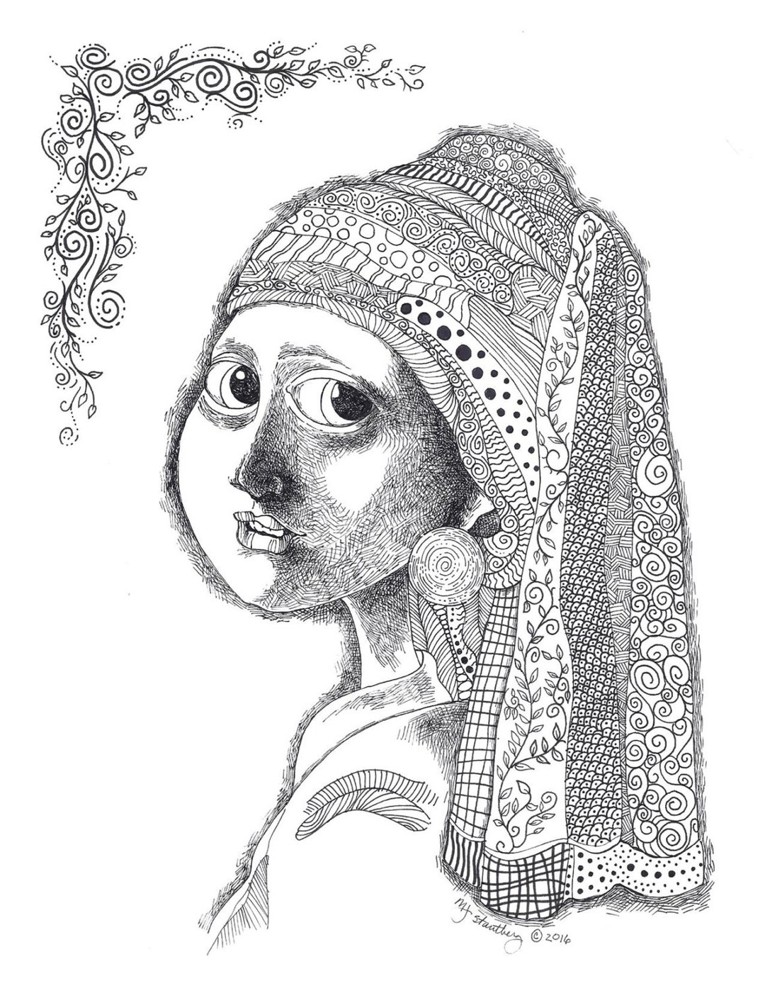 Coloring Page Whimsical "girl With a Pearl" Hand Drawn - Etsy