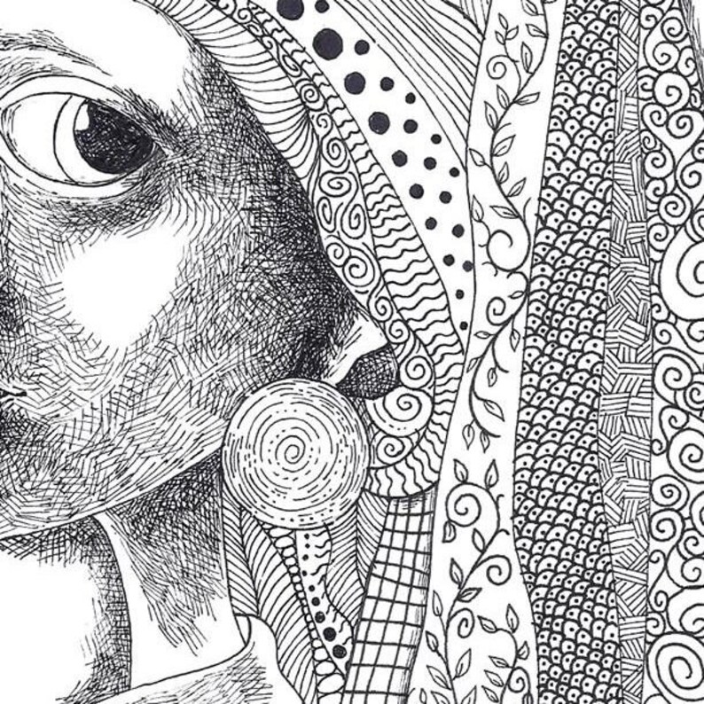 Coloring Page Whimsical "girl With a Pearl" Hand Drawn - Etsy