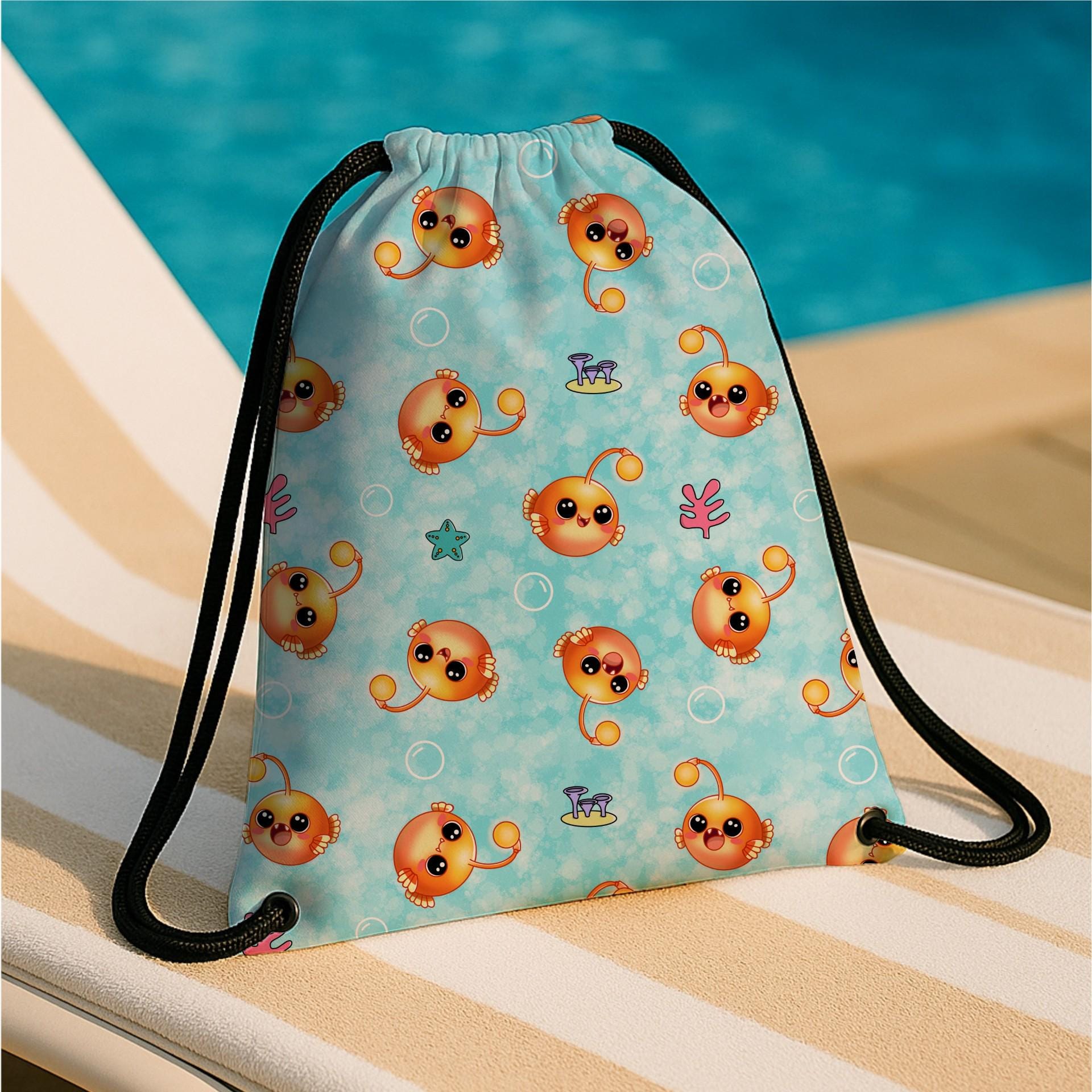 Kawaii Anglerfish Drawstring Bag Blue Ocean Print Gym Sack Cute Sea ...
