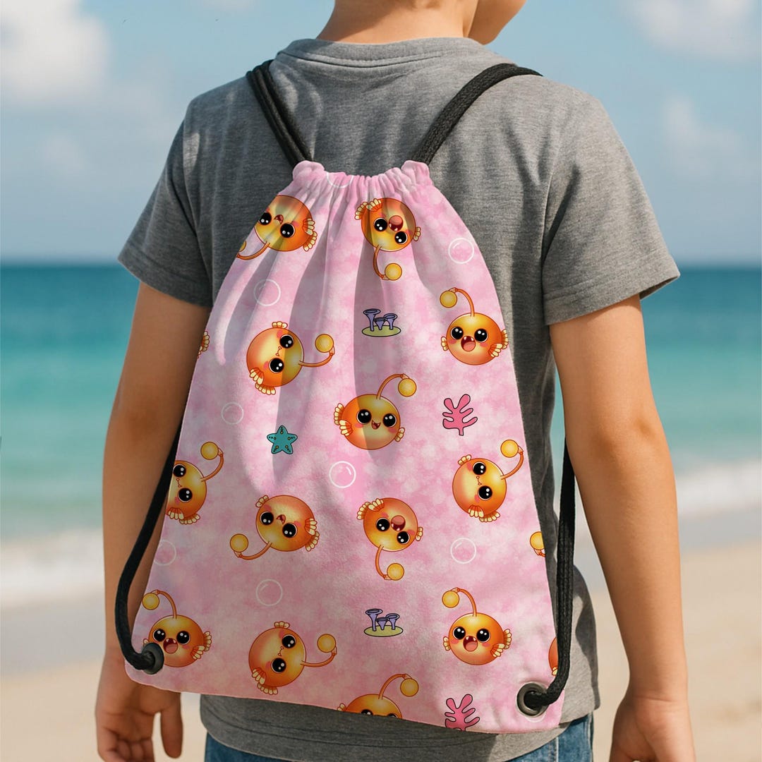 Kawaii Anglerfish Drawstring Bag Pink Ocean Print Gym Sack Cute Sea ...