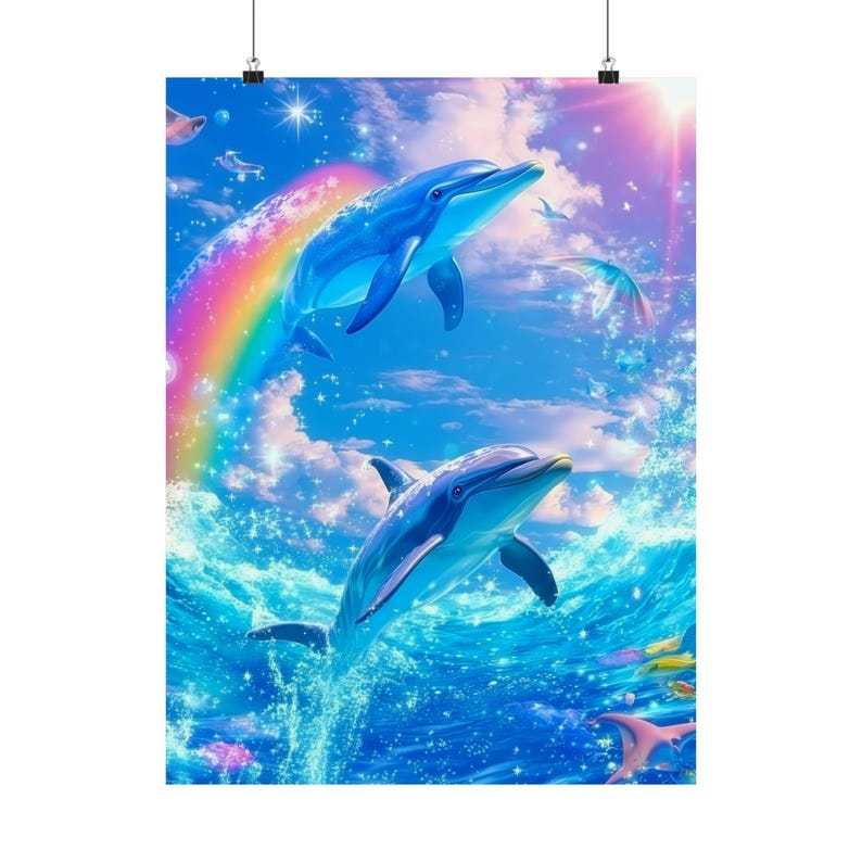 Rainbow Dolphins Frutiger Aero Y2K Abstract Poster Art Print Wall Decor ...