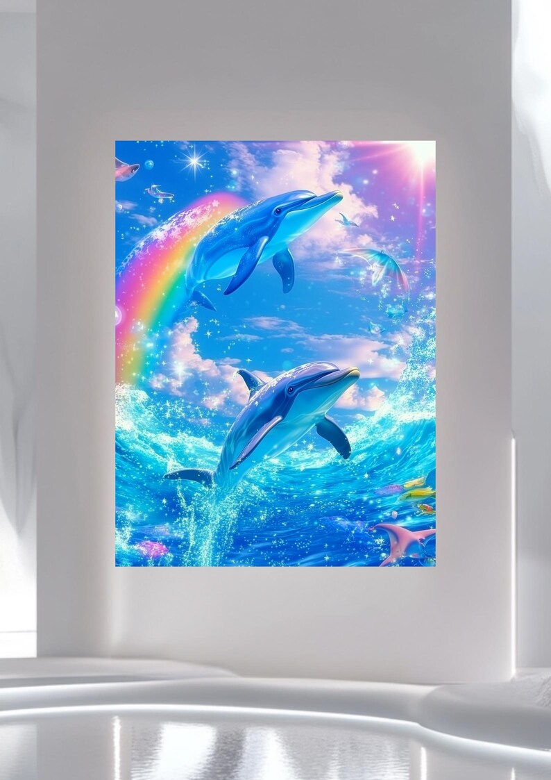 Rainbow Dolphins Frutiger Aero Y2K Abstract Poster Art Print Wall Decor ...