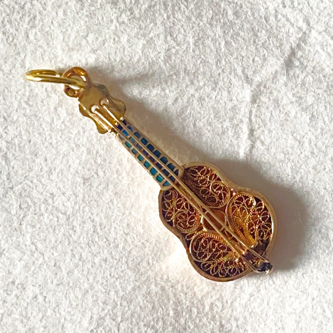 19K Gold Portuguese Guitar Charm, Vintage 3D Fado Guitar, 800 Gold ...