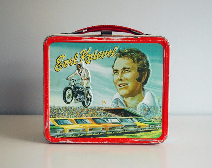 1974 Evel Knievel Metal Lunch Box Vintage Aladdin Daredevil Folk Hero ...