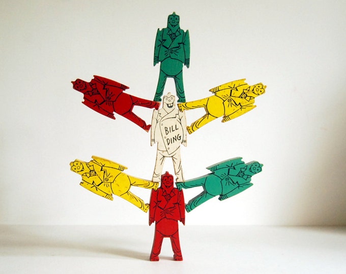 Vintage Bill Ding Toy Wood Building Blocks Colorful Retro Balancing ...