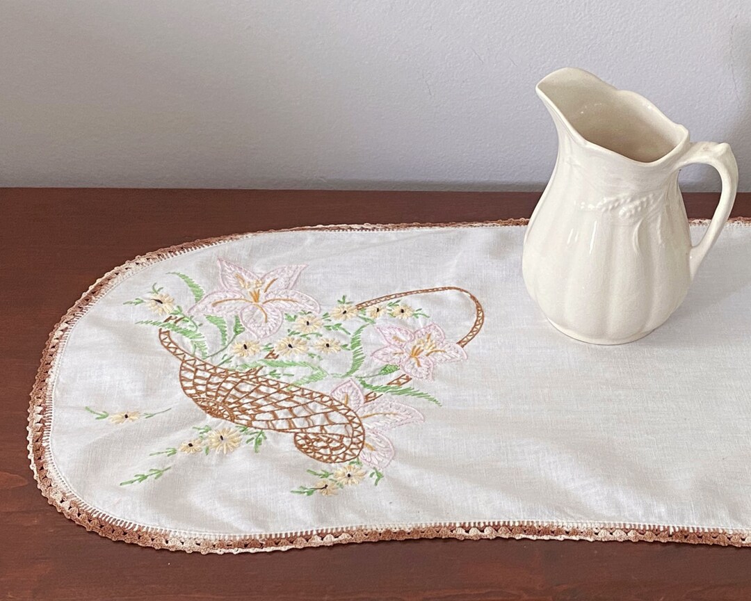 Embroidered Table Runner With Crocheted Edging Mid Century - Etsy