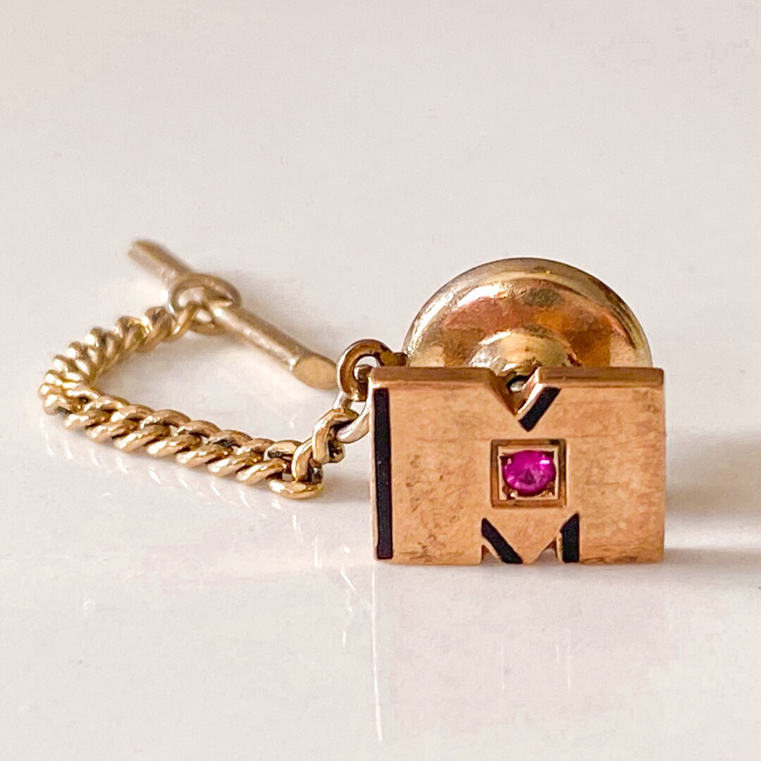 10K Gold and Ruby Tie Tack, Monsanto M Employee Service Pin, Vintage ...