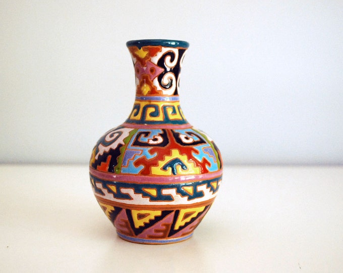 1950s Paraguay Art Pottery Vase R.C. Laterza Redware Colorful Rainbow ...