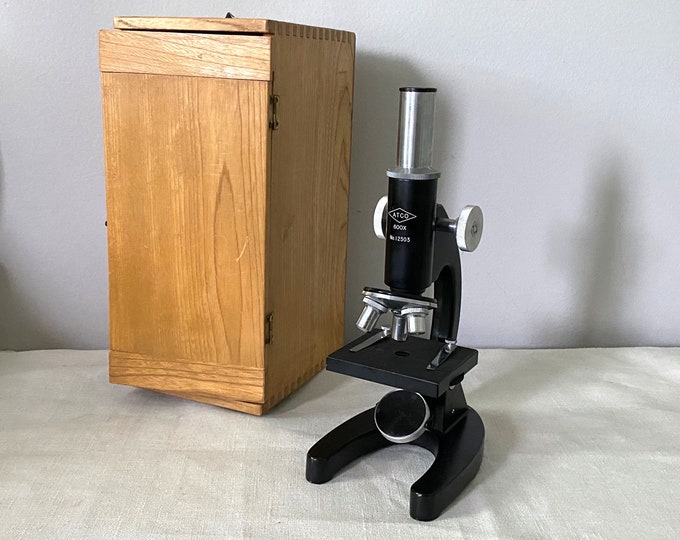 1960s Atco Microscope Model 12503, Vintage Student Magnifier With Wooden Box, Instruction ...