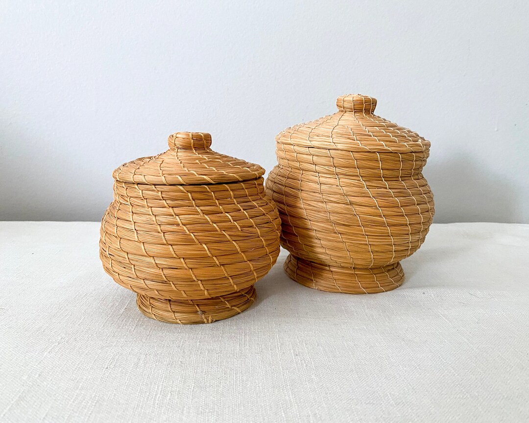 Golden Grass Baskets, Pair of Vintage Handmade Coiled Basket From ...