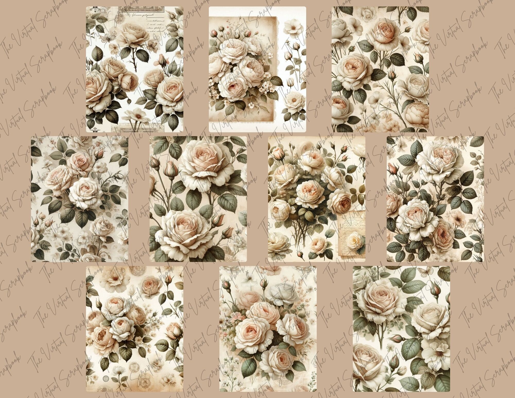 White Rose Collage Pages, Junk Journal, 8.5x11 Digitial Printable ...