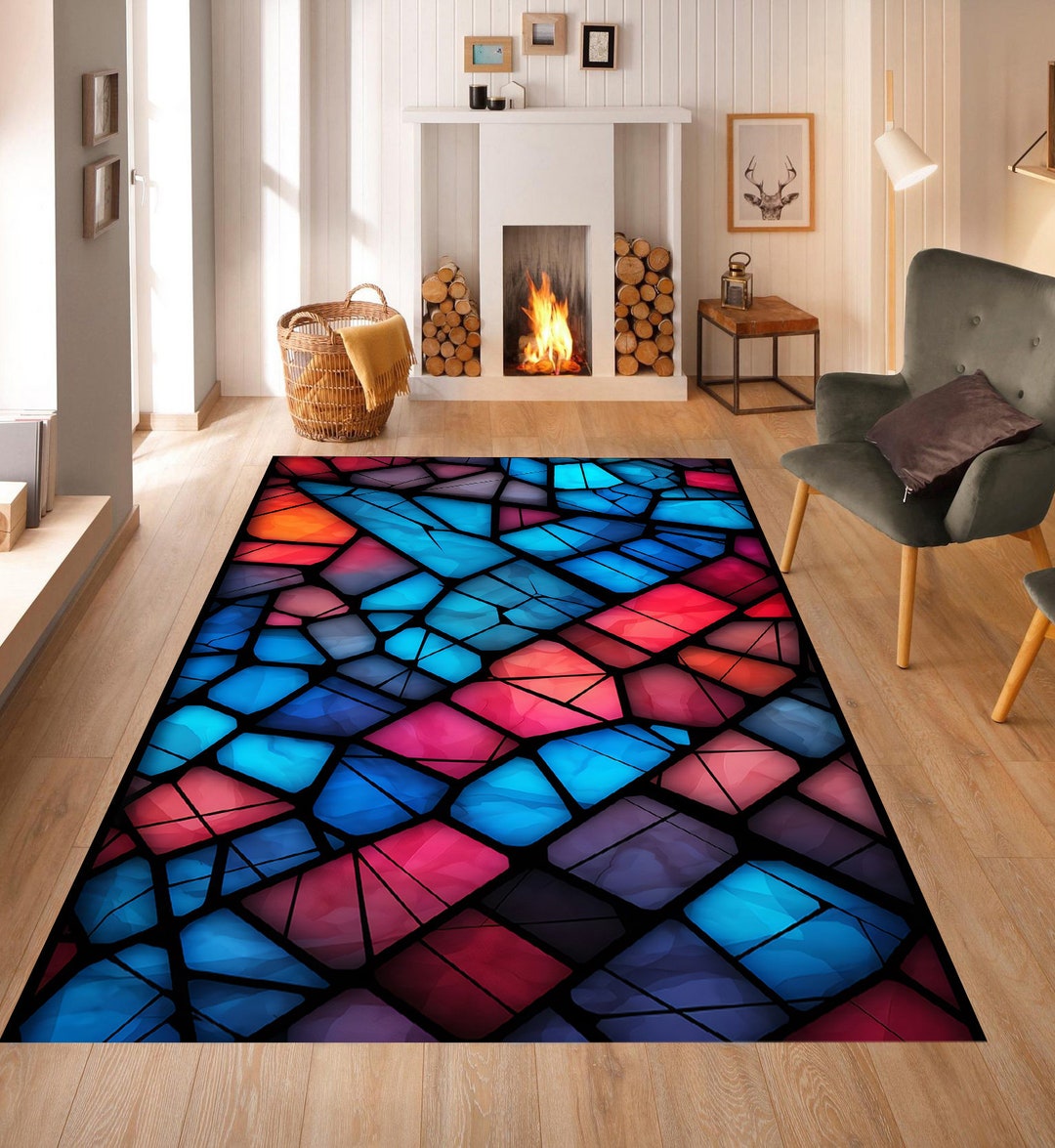 Stained Glass Rug, Abstract Rug, Neon Color Rug, Colorful, Gift for Him ...