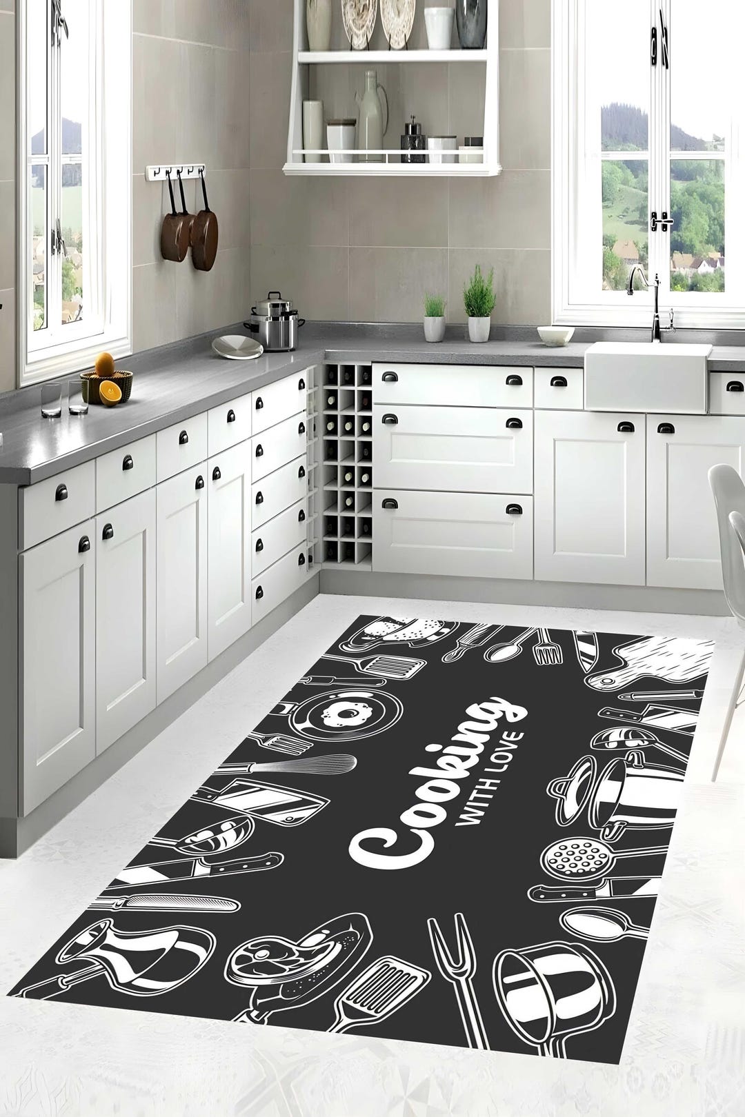 Cooking With Love, Kitchen Decor Rug, Washable Kitchen Rug, Black White ...