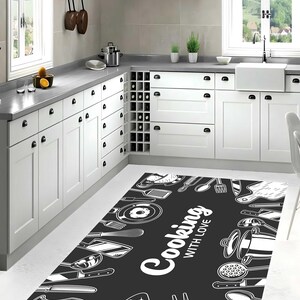 Cooking With Love, Kitchen Decor Rug, Washable Kitchen Rug, Black White ...