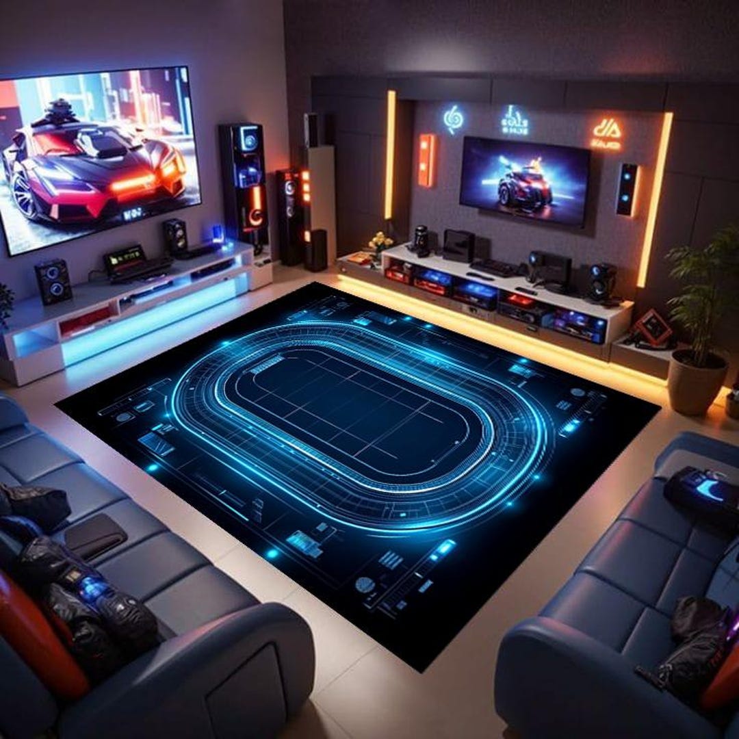 Neon Racetrack Rug: Kids Car Play Mat, Game Room Decor - Etsy