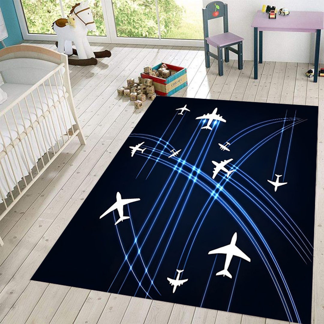 Navy Blue Airplane Rug: Kids Room Decor, Travel Theme - Etsy
