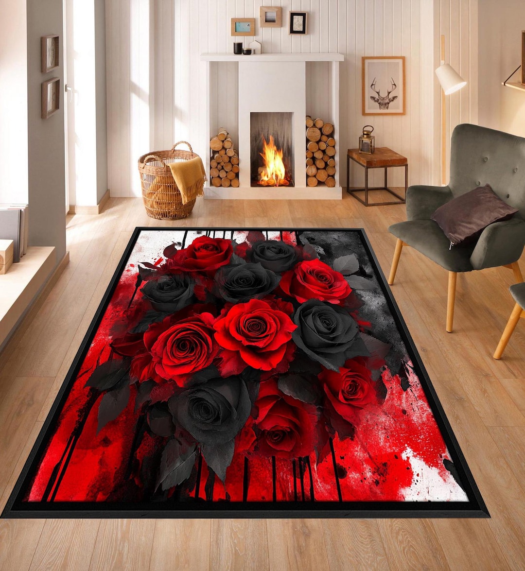 Red Black Rose, Rose Themed Rug, Flowers Rug, for Living Room, Bedroom ...