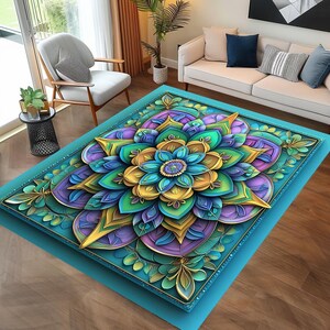 Mandala Themed Rug, 3D Mandala Rug, Turquoise Color, Gold Rug, Modern ...