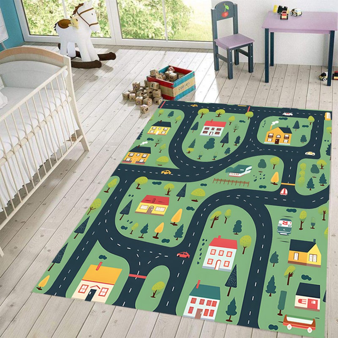 Racetrack Rug, Traffic Rug, Green Color Rug, Car Play Mat, Kids Room ...