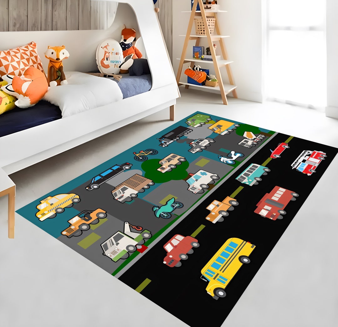 Cars Rug, Bus Rug, Bicycle Rug, Police Car Rug, Fire Truck, Kids Room ...