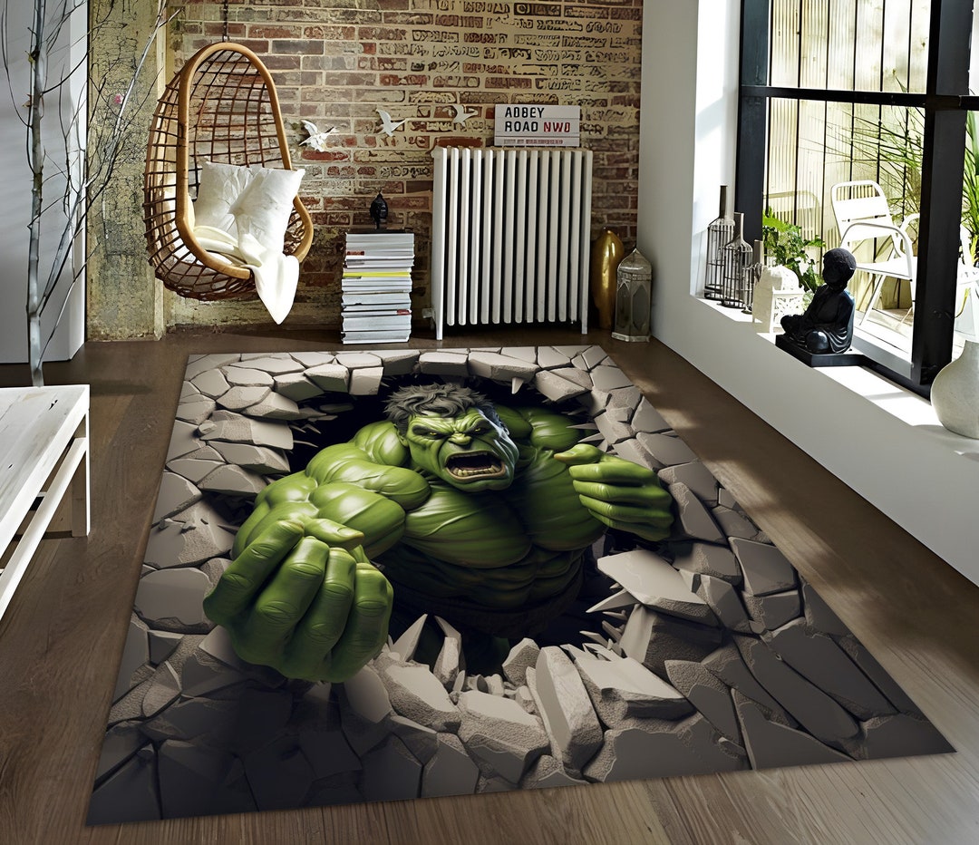 3D Hulk Rug, Green Giant Rug, Angry Hulk, Broken Wall Rug, Superhero ...