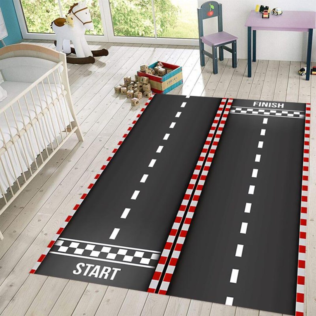 Racetrack Rug, Traffic Rug, Start Finish Line, Car Play Mat, Kids Room ...
