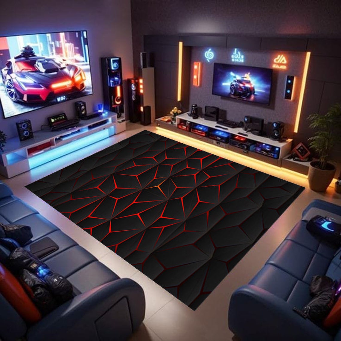 Red Neon Game Rug: Geometric Pattern, Boys/teen Room - Etsy
