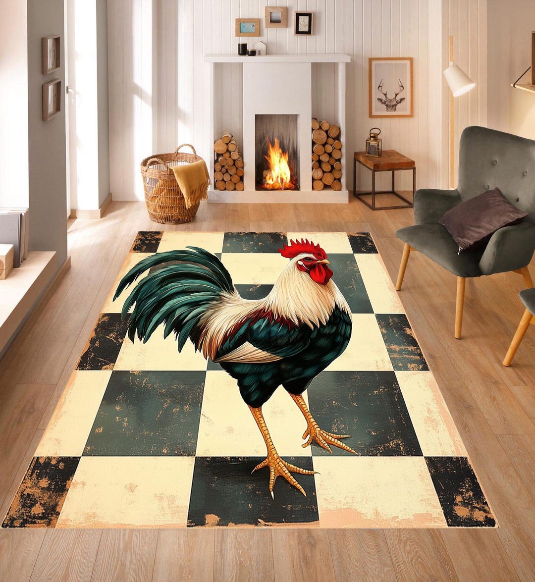 Farm Decor Rug, Rooster Rug, Rooster Floor Art, 3D Rooster Rug, Rustic ...