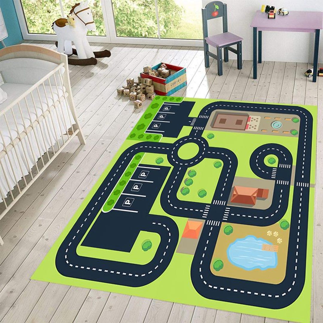 Racetrack Rug, Traffic Rug, Green Color Rug, Car Play Mat, Kids Room ...