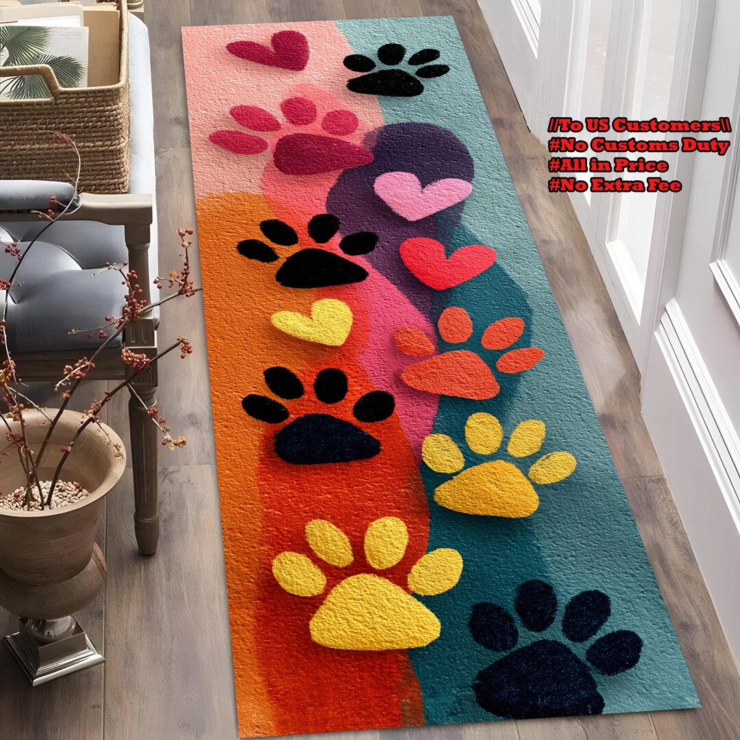 Paw Print Runner Rug, Pastel Nursery Decor, Washable Kids Playroom Mat ...