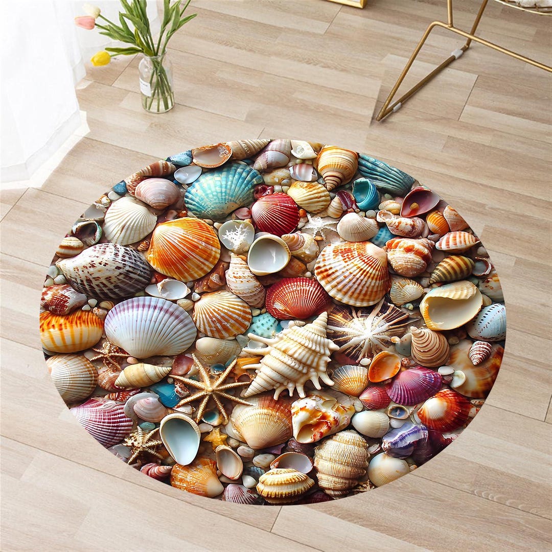 Round Rug, Seashell Print Rug, Coastal Rug, Circle Rug for Living Room ...