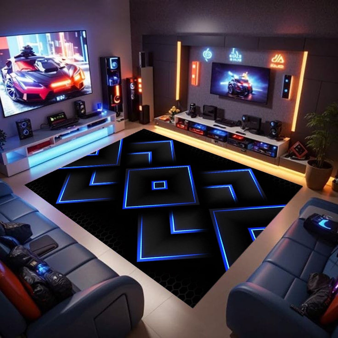 Neon Game Rug, Blue Geometric Design, Gamer Room Decor - Etsy