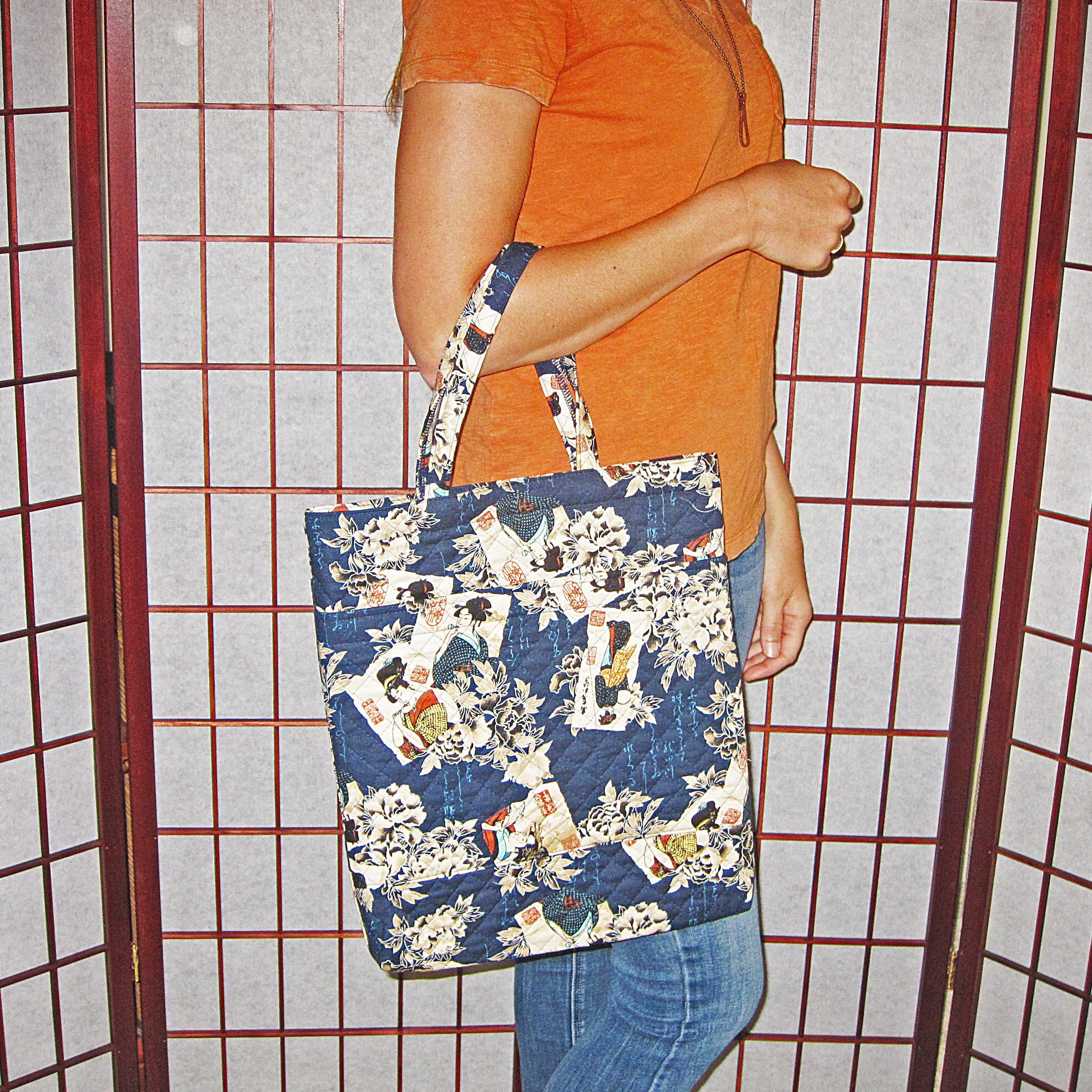 Japanese Quilted Fabric Handy Tote Bag Utamaro Geisha Portraits Design ...