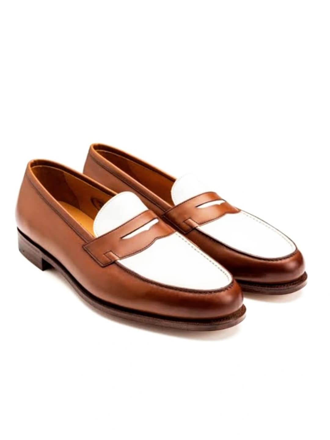 White and Brown Leather Loafers Slip-on Fashion Shoes, Men's Formal ...