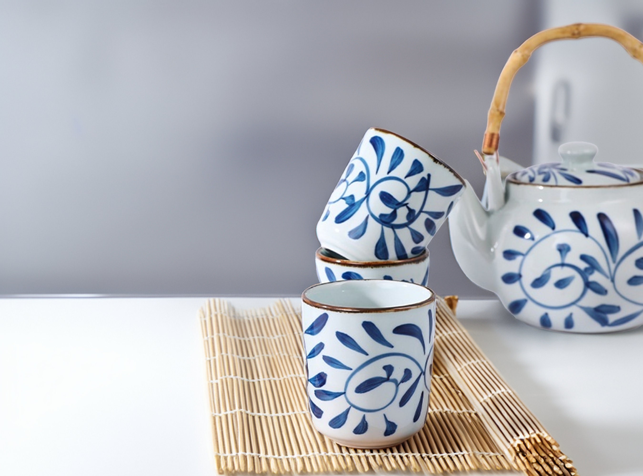 Floral Blue and White Tea Set Asian Porcelain Teapot and Handleless Mug ...