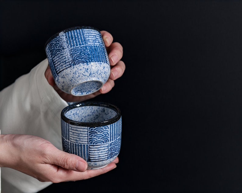 Blue Wave Pattern Porcelain Japanese Style Green Tea Cup Retro Style No ...