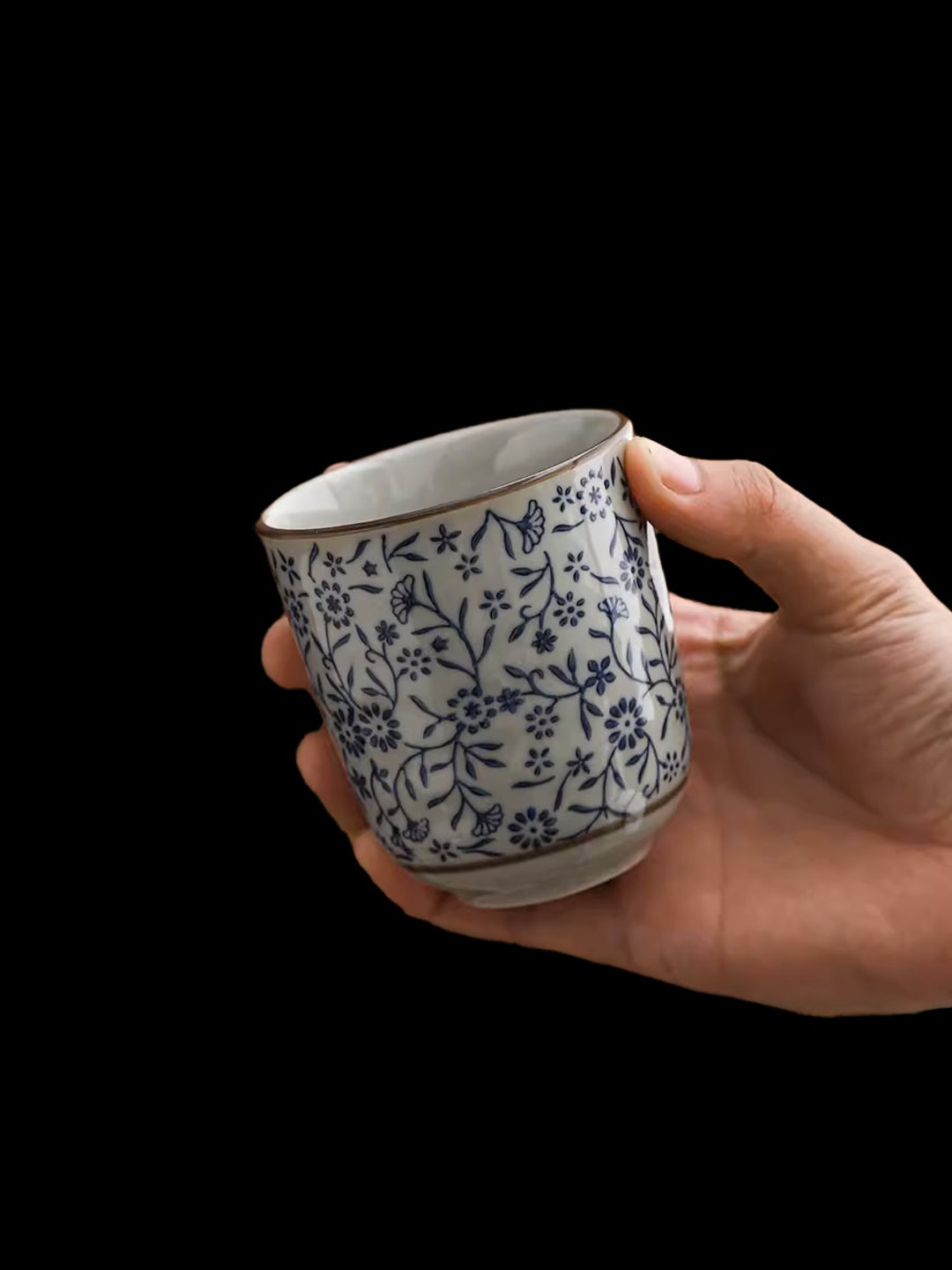 Blue Floral Asian Porcelain Green Tea Cups Handleless Artisan Drinkware ...