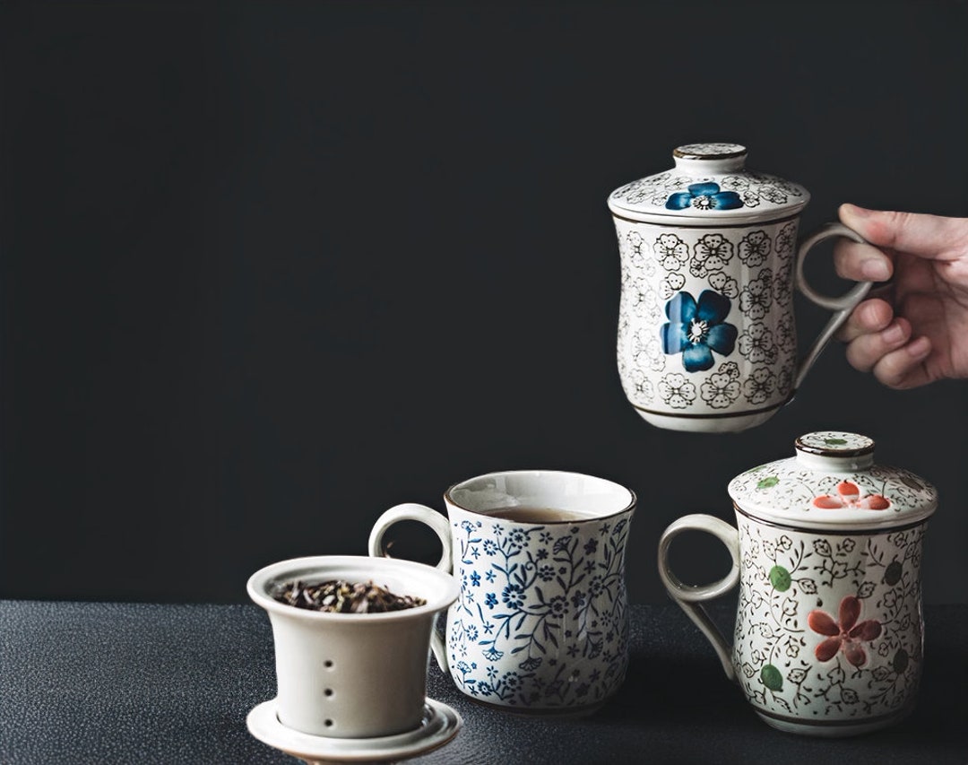 Japanese Style Leaf Tea Mug With Lid and Infuser | Blue and White ...