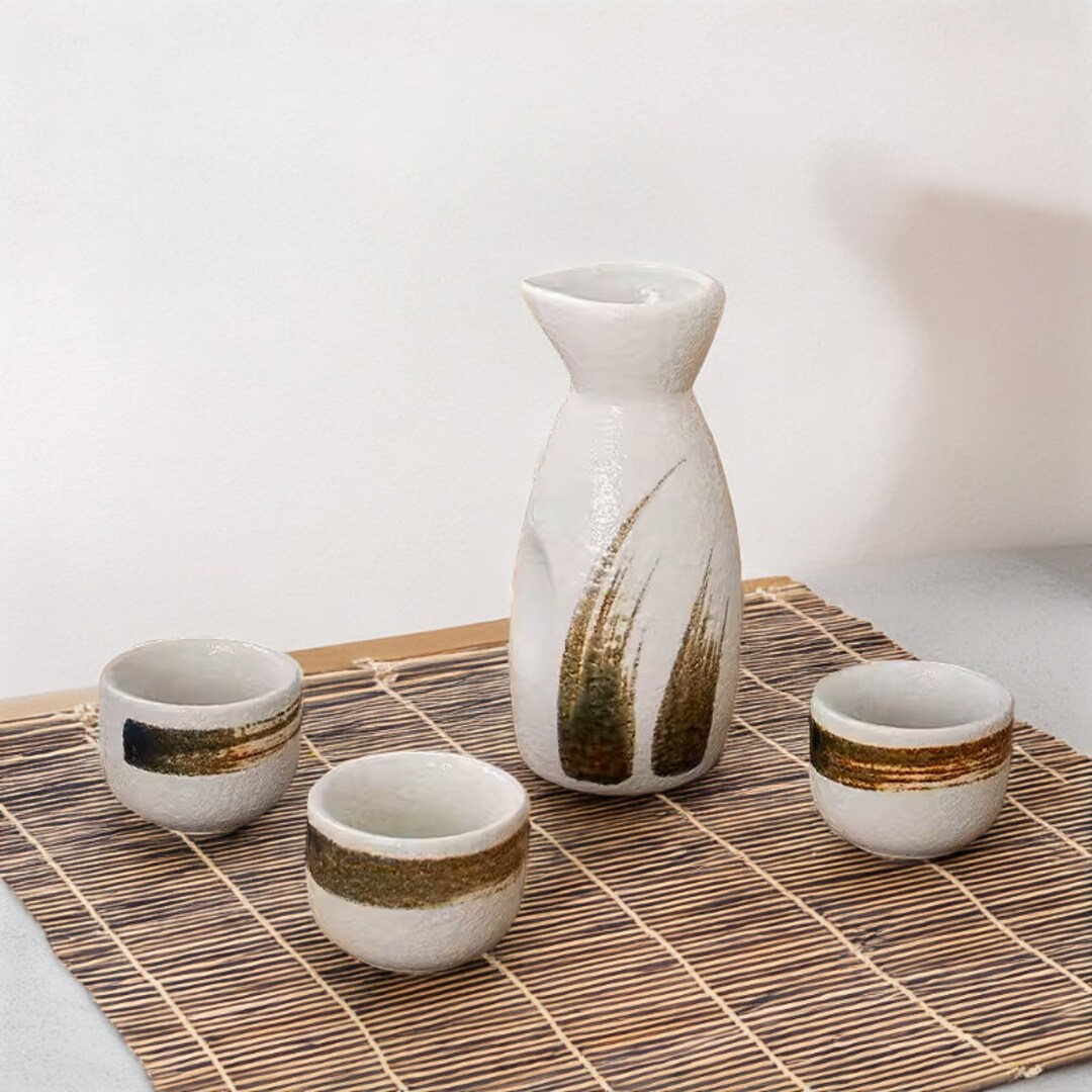 Asian White Sake Serving Set | Retro Style Ceramic Sake Set With Cups ...